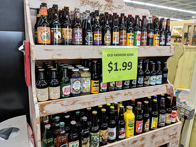 A rainbow of vintage sodas lined up like liquid time capsules. At $1.99, you're not just buying a drink&mdash;you're purchasing a sip of history with bubbles.
