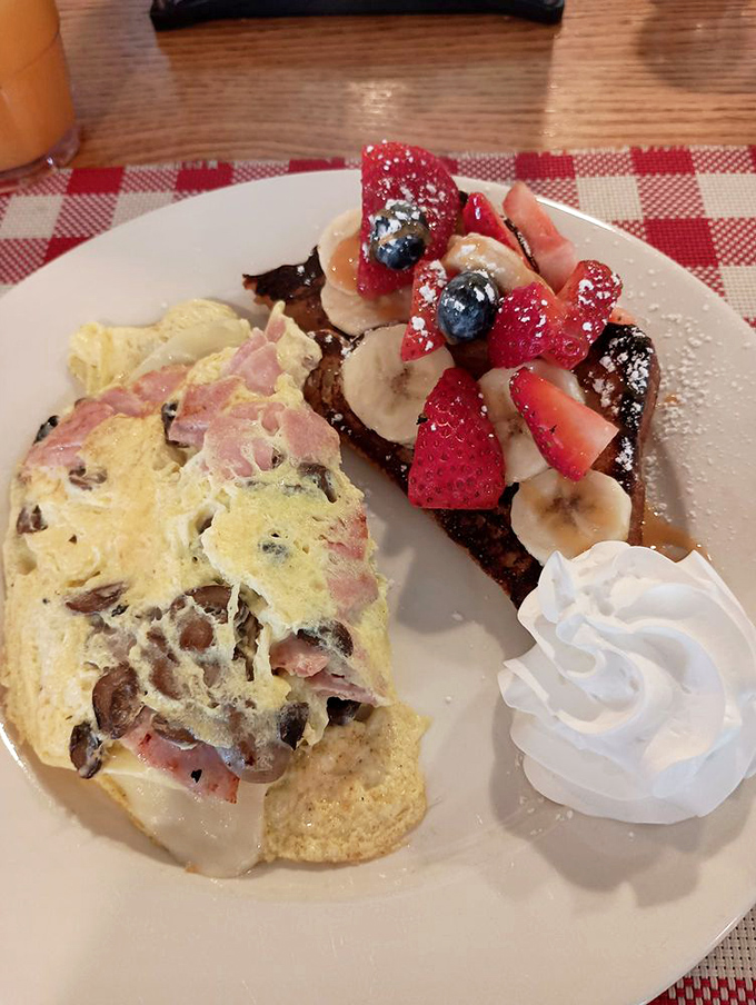 The breakfast equivalent of having your cake and eating it too&mdash;savory omelet meets sweet French toast in a plate-clearing performance.