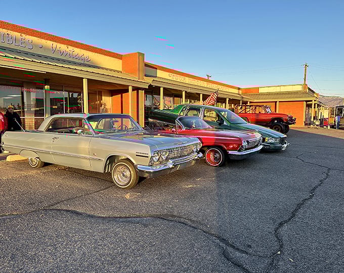 Classic cars line up outside this vintage marketplace like they're waiting for their own second chance at finding a loving home.