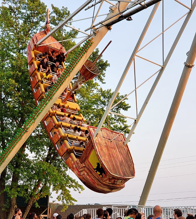 The Pirate Ship swings riders to dizzying heights, proving that sometimes the simplest ride concepts deliver the most universal joy. Just don't eat that corndog beforehand!