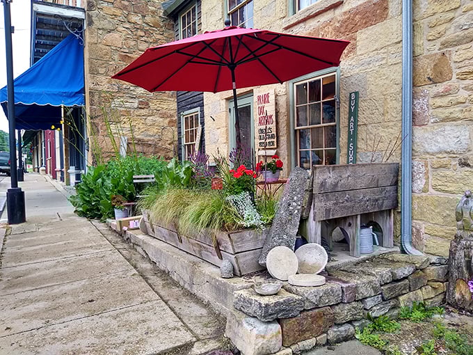 Garden meets gallery at this charming storefront. Those wooden planters aren't just decorative – they're a preview of the rustic treasures waiting inside.
