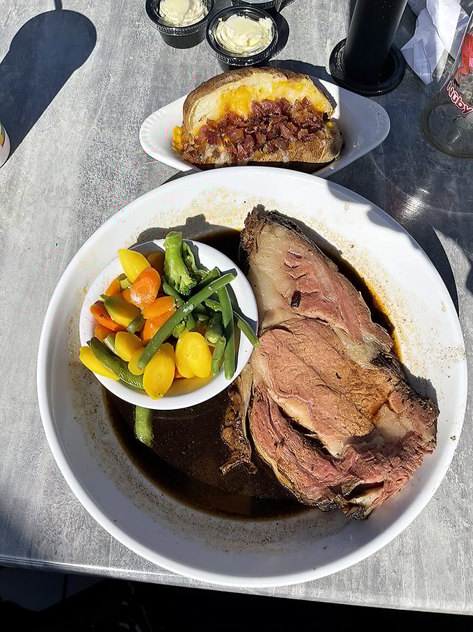 Prime rib and mixed vegetables: the adult version of "having your cake and eating it too," especially when enjoyed on Brew River's sun-drenched patio.