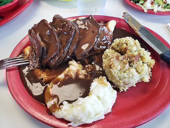 Roast beef that doesn't need a fancy introduction&mdash;just gravy deep enough to swim in and sides that know their supporting role perfectly.