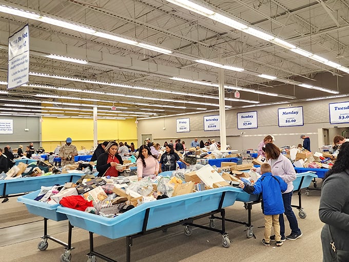 Pricing day signs hang overhead like countdown clocks, creating that perfect mix of anticipation and strategy every good treasure hunt requires.