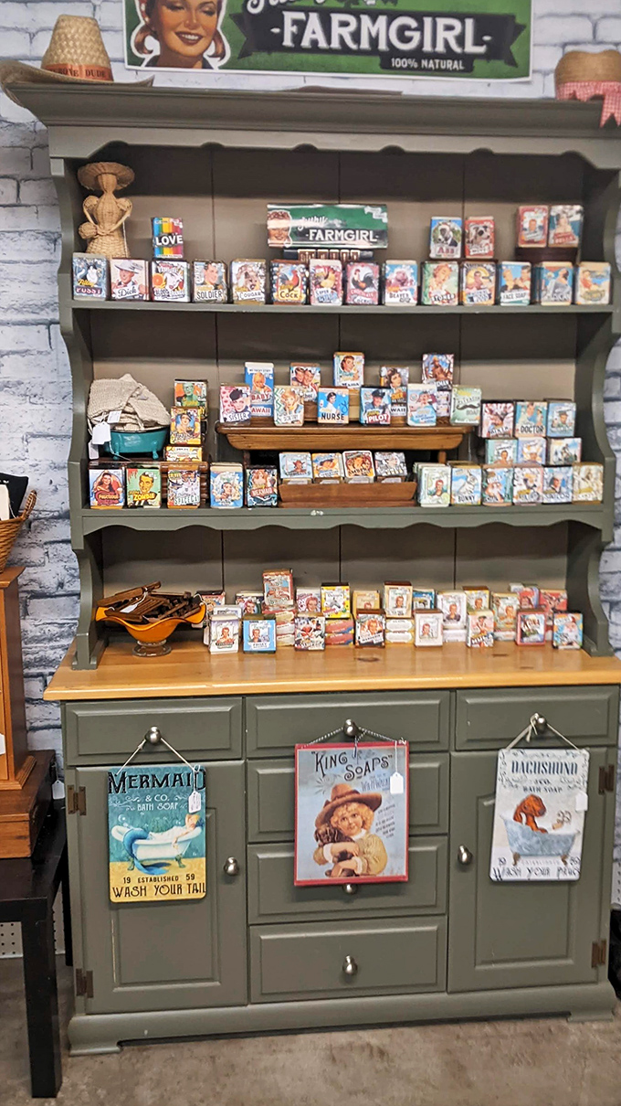 Vintage advertising meets modern nostalgia in this charming display. Those Farm Girl soaps promise to wash away decades, not just dirt.