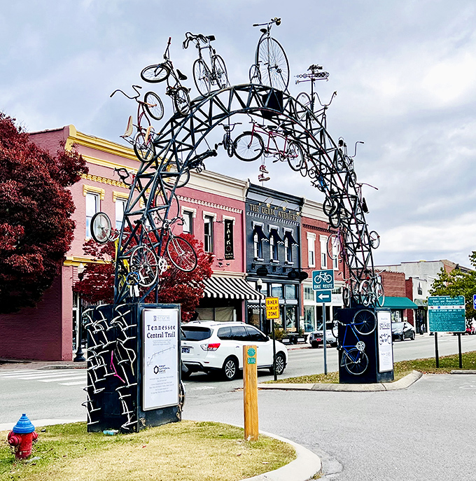 The bicycle sculpture marks Tennessee Central Trail's entrance &ndash; proof that Cookeville knows good art doesn't need big-city price tags.