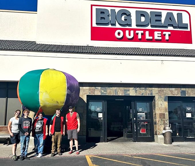 The Big Deal sign stands proudly against the sky, while a giant beach ball suggests the oversized fun waiting inside.