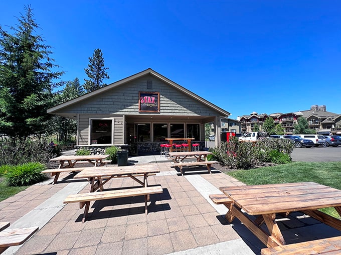 Picnic tables outside Stax invite you to linger longer over your meal&mdash;because calories consumed with mountain views technically don't count.