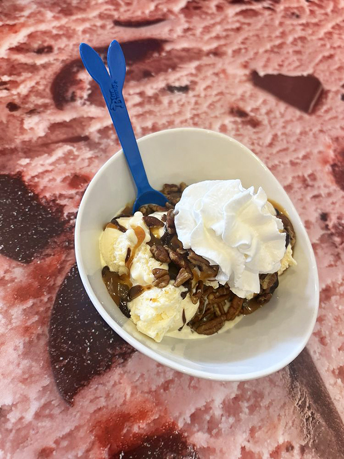 A scoop of vanilla nestled with pecans and caramel—proof that sometimes the best relationships are the sweetest ones, especially when whipped cream is involved.