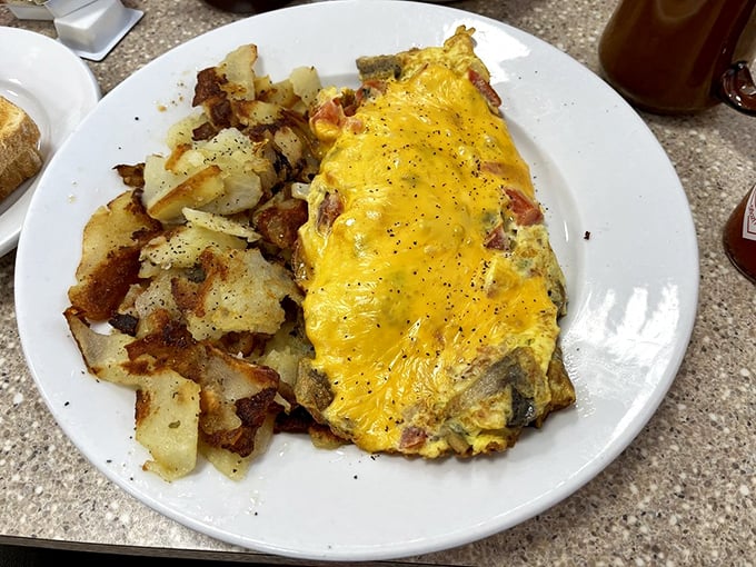 An omelet that's seen things, stuffed with enough fillings to qualify as a geological expedition, with home fries that demand respect.