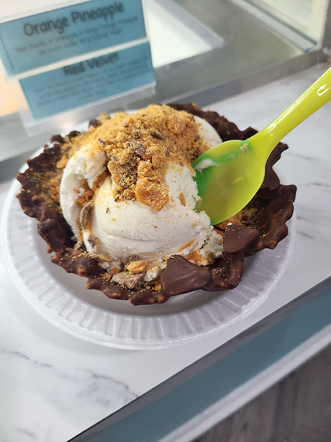 Vanilla ice cream with crushed toppings in a chocolate-lined waffle bowl&mdash;proof that sometimes the best container is one you can eat when you're finished.