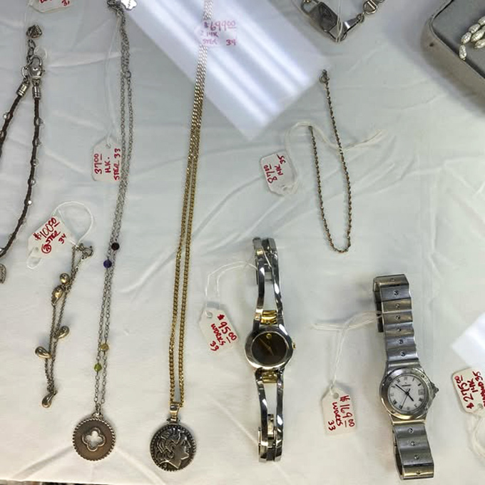 Time literally stands still in the jewelry section, where vintage watches and necklaces await their second chance to accessorize a life.