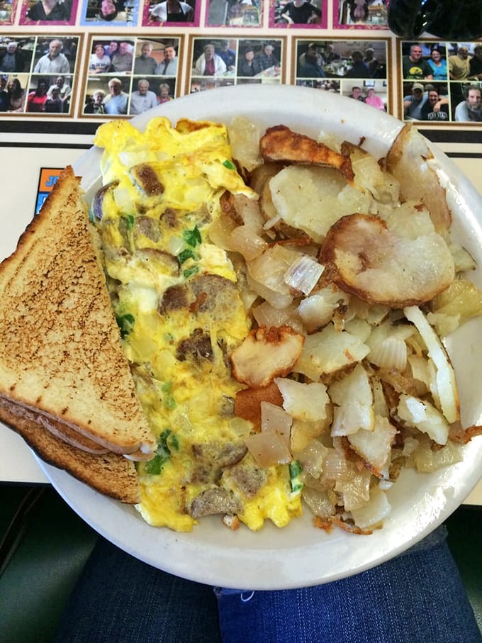 This Western omelet and home fries combo doesn't need fancy plating &ndash; it's too busy stealing the show with flavor. Note the perfectly caramelized onions.