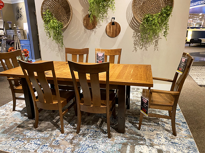 A dining table that says "Thanksgiving dinner" and "Tuesday night homework" with equal conviction. Solid craftsmanship meets family-friendly design.