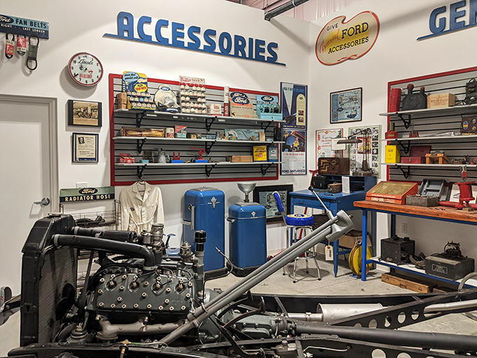 The accessories section &ndash; where car parts are displayed with the same reverence MoMA gives to Picasso. Mechanics as art form.