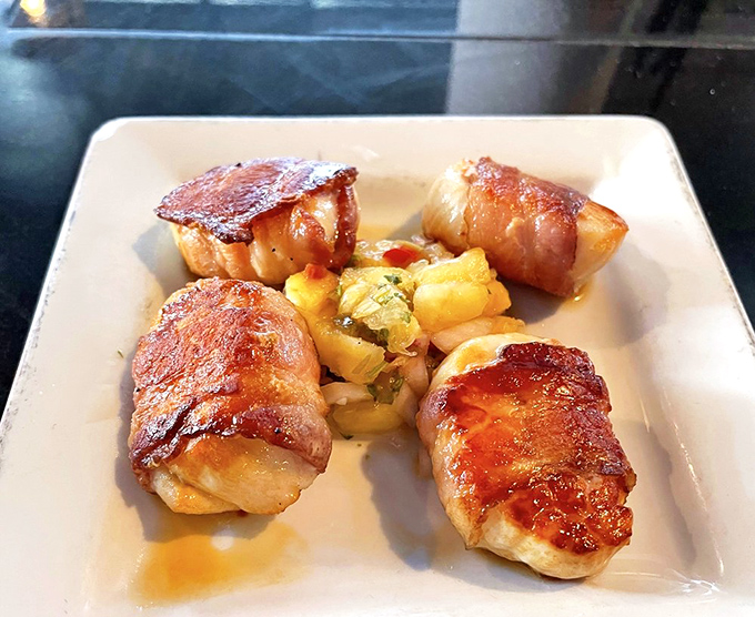 Bacon and scallops: proof that the ocean and the farm can create beautiful music together. Sweet meets smoky in this four-piece harmony.