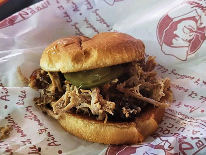 A pulled pork sandwich that understands the importance of balance. Meat, sauce, pickle, bread&mdash;a harmony more perfect than most boy bands.
