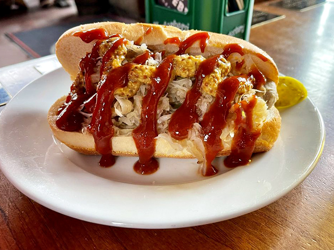 This bratwurst sandwich isn't just lunch; it's an engineering marvel of meat, bread, and mustard in perfect harmony. 