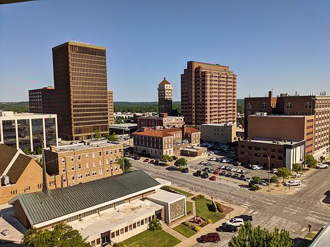 Bartlesville's downtown skyline at golden hour &ndash; where Frank Lloyd Wright's vision meets oil boom prosperity in an architectural tango.