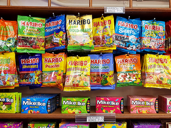 A rainbow wall of Haribo gummies and Mike & Ikes &ndash; the candy equivalent of a greatest hits album, all in one place.