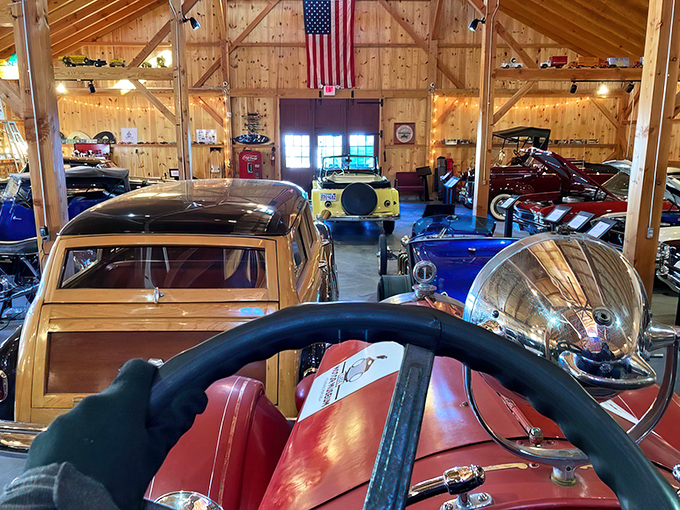 A driver's-eye view reveals the museum's thoughtful layout, where vehicles from different eras create a timeline of American mobility and design.