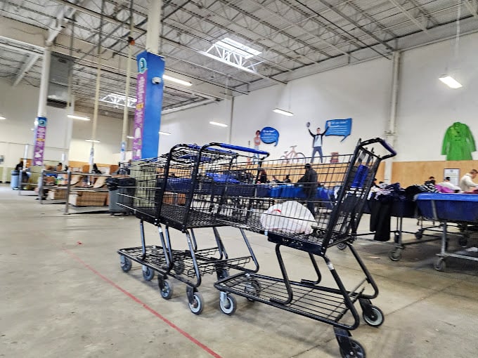 Shopping carts stand at attention, ready for duty. These metal chariots will soon carry treasures home at prices that make credit cards sigh with relief.