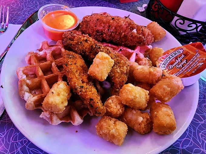 Chicken and waffles: where Southern comfort meets Broadway pizzazz, topped with a sauce that deserves its own Tony Award.