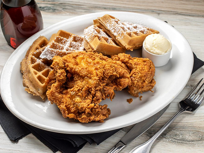 The ultimate breakfast dilemma solved: you can have your chicken and waffles too, with a side of maple syrup for good measure.