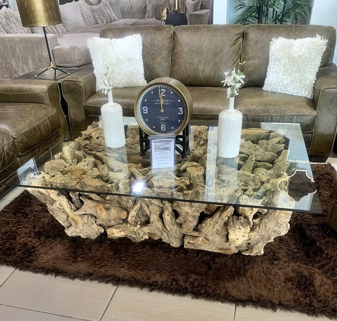 Nature meets luxury in this driftwood coffee table that somehow makes "bringing the outdoors in" actually look sophisticated rather than like camping indoors.