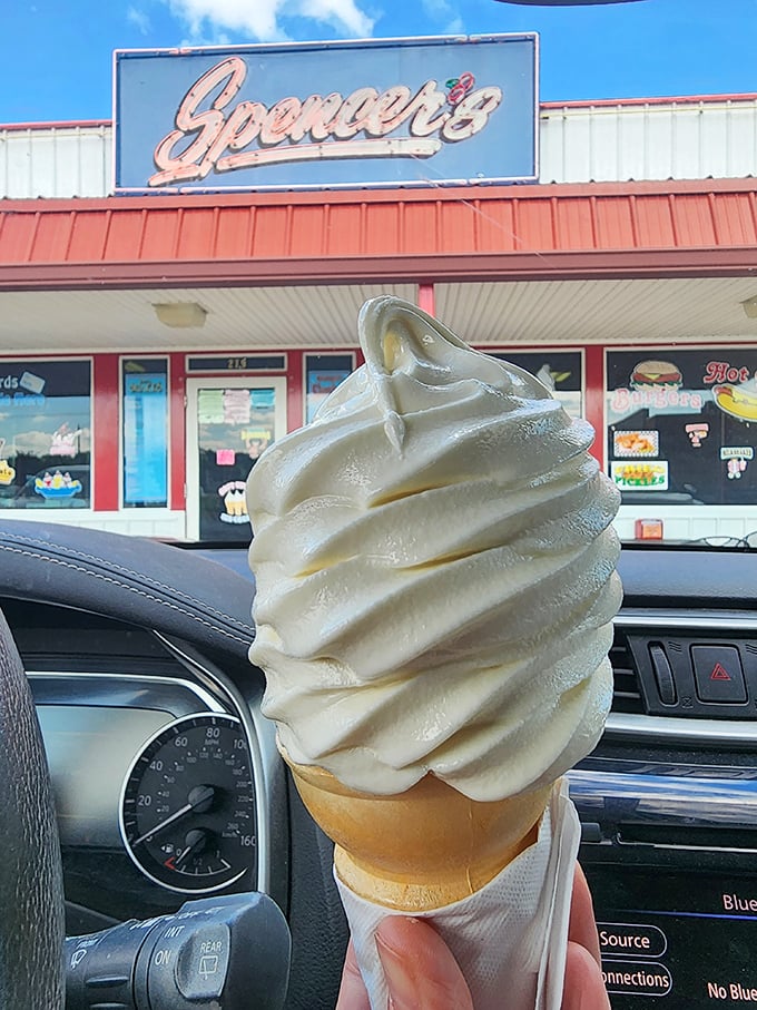 The soft-serve cone stands tall and proud against the Spencer's sign&mdash;a swirled monument to summer days that taste like childhood memories. 