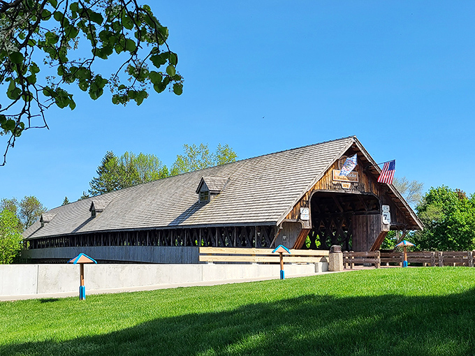 This covered bridge isn't just picturesque—it's practically begging to be on your holiday card. "Greetings from Michigan's Little Bavaria" practically writes itself.