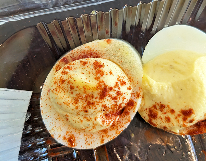 Deviled eggs with a sprinkle of paprika&mdash;the kind of nostalgic appetizer that reminds you of family gatherings, but executed with a finesse that elevates the humble egg.