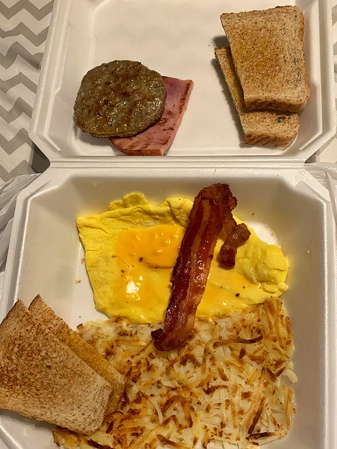 Breakfast to-go never looked so good &ndash; sausage patty, ham, eggs, and hash browns that make Monday mornings slightly less offensive.
