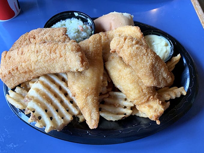 Fish and waffle fries with twin cups of coleslaw and tartar sauce&mdash;the Midwest's answer to fish and chips that would make a British pub-goer seriously consider emigration.