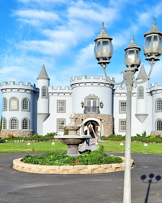 A bubbling fountain creates a tranquil centerpiece amid manicured grounds, while vintage-inspired lampposts add a touch of old-world charm to this Idaho fantasy.