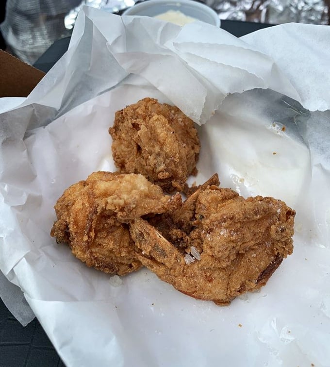 Perfectly golden fried shrimp that look like they're wearing little crispy jackets. The kind of food that makes you temporarily forget vegetables exist.