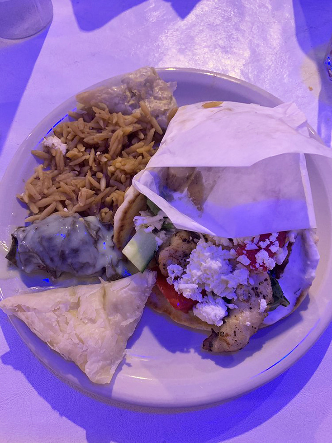 A complete Greek vacation on a plate. The rice pilaf and gyro combo might just make you cancel your actual trip to Athens.