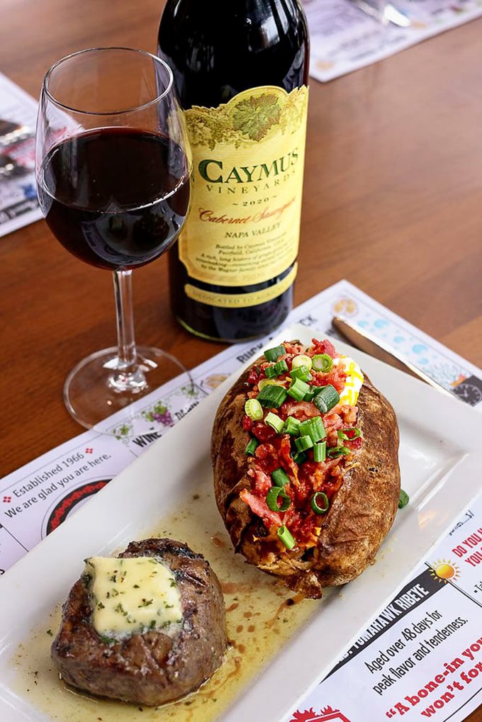 A filet that could make you weep tears of joy, paired with a baked potato that's dressed better than most people at the mall.