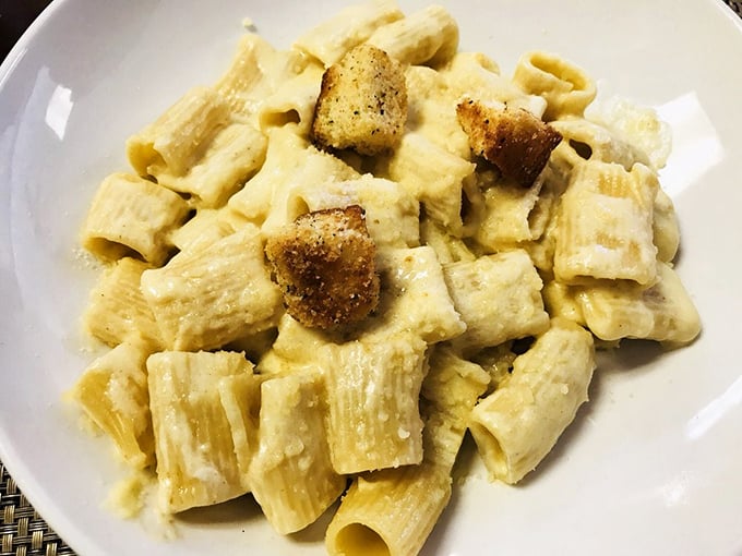 Comfort food elevated - rigatoni in a creamy sauce with just enough garlic to keep vampires at bay for at least a week.
