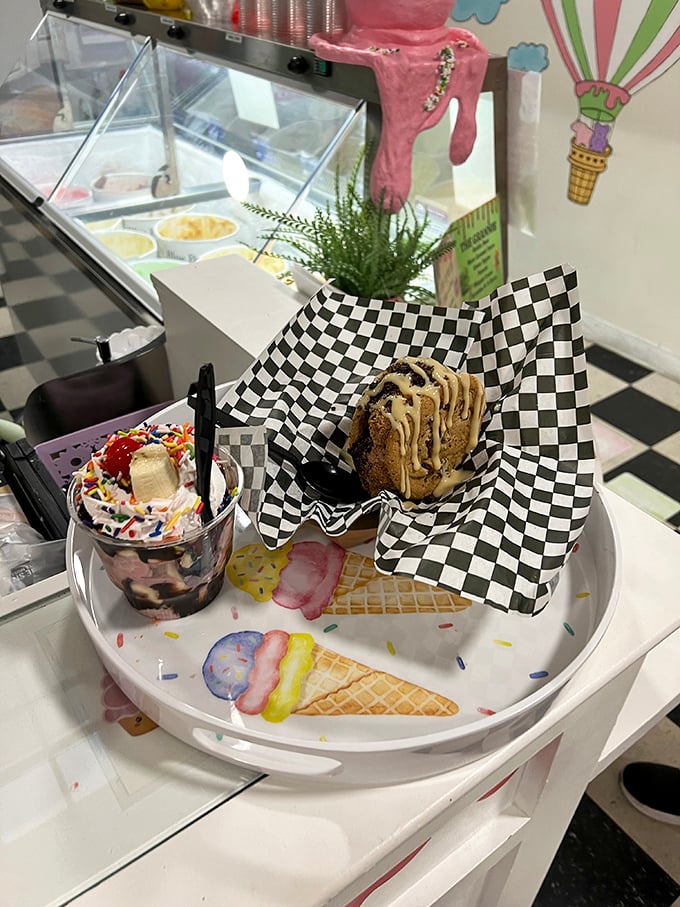 The perfect tray doesn't exi— Oh wait, there it is. Ice cream, cookie sandwich, and sprinkles, all aboard the happiness express.