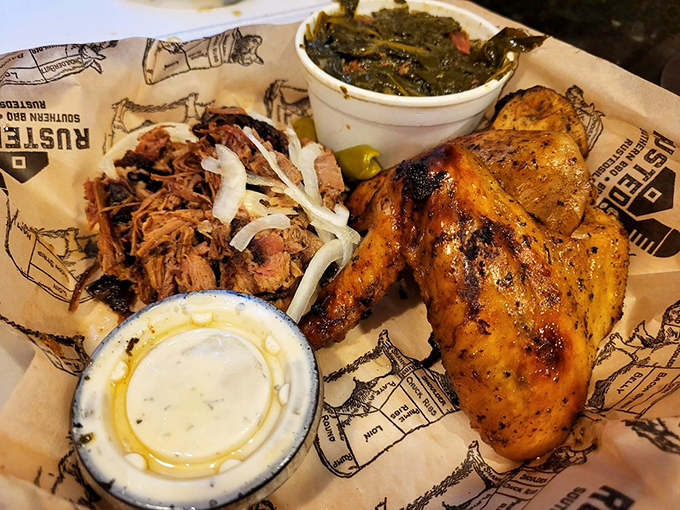 Pulled pork and chicken that could make vegetarians question their life choices – smoky temptation at its finest.