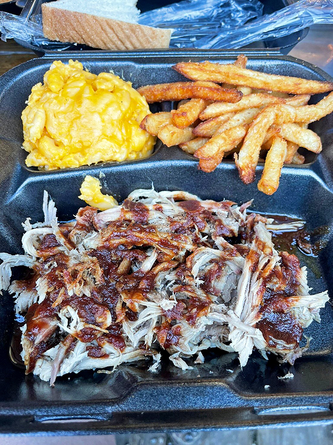 Pulled pork with that perfect bark-to-meat ratio, alongside mac and cheese that's clearly not from any box you've ever seen.