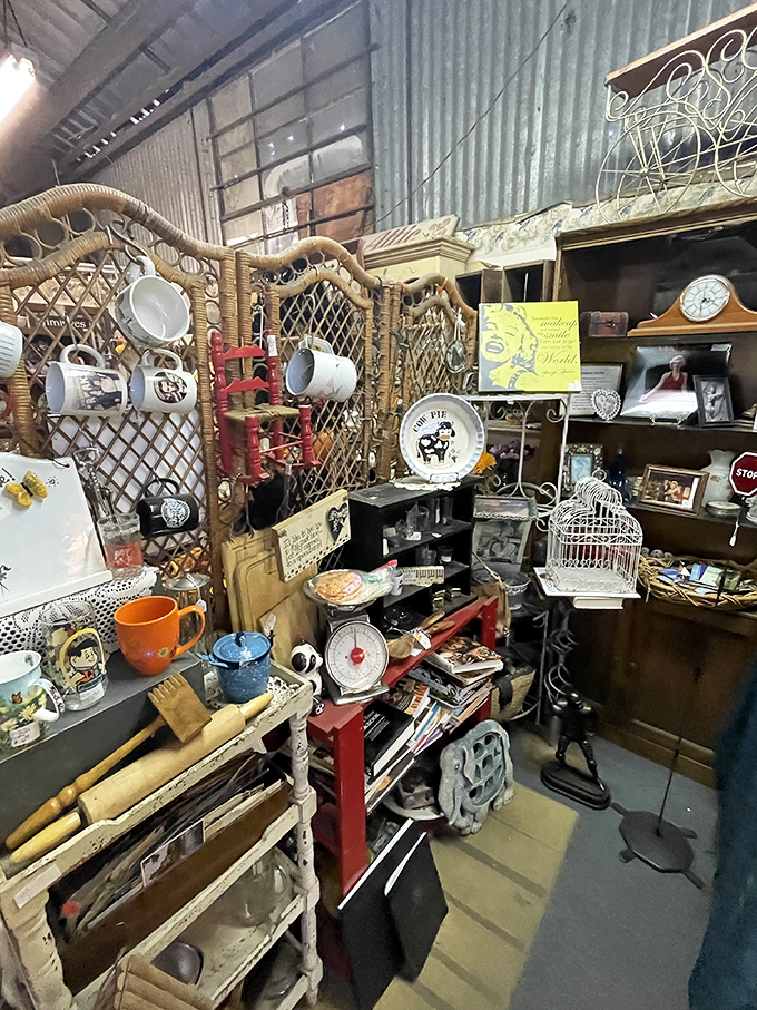Kitchen scales, rolling pins, and wicker dividers create a domestic archaeological dig where your grandmother would recognize every artifact.