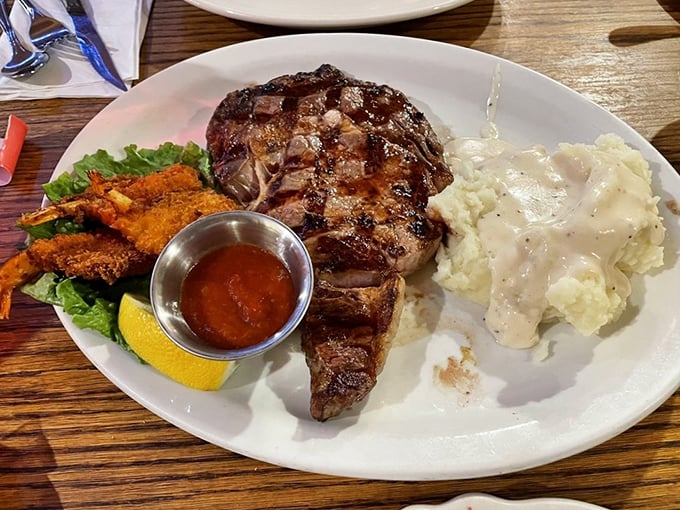 That cross-hatched char on the ribeye isn't just for show &ndash; it's flavor architecture. The mashed potatoes aren't an afterthought; they're essential co-stars.