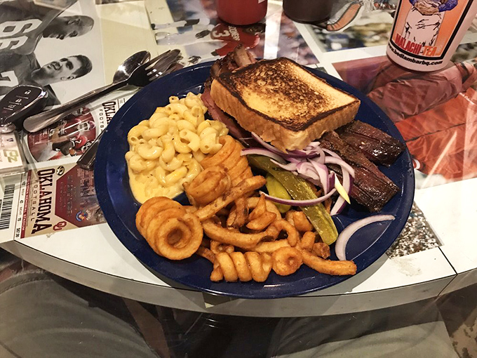 This blue plate special is what dreams are made of. Those curly fries and mac and cheese aren't just sides&mdash;they're the barbecue equivalent of backup dancers.