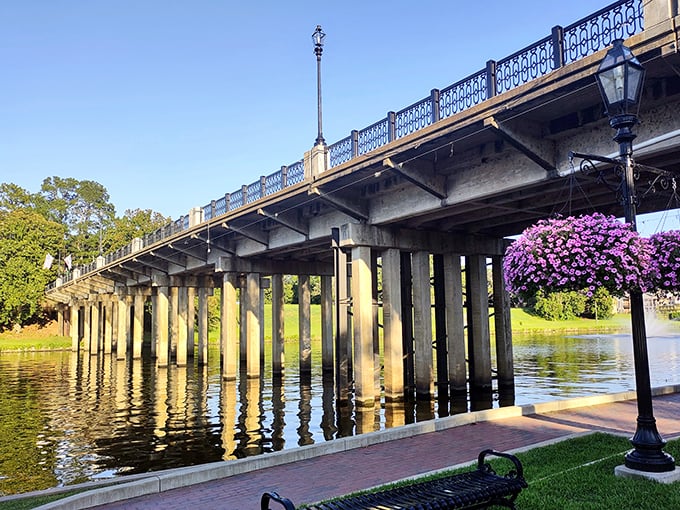 This isn't just a bridge&mdash;it's a daily invitation to slow down and appreciate beauty that costs nothing but time. Purple flowers bow in agreement.
