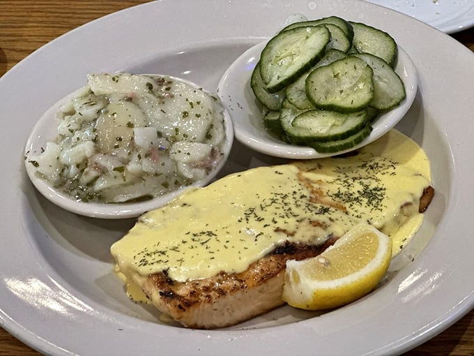 Even the salmon dresses up for dinner at Bavarian Bierhaus, draped in rich sauce with potato salad and cucumber salad standing guard.