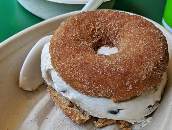 The ice cream sandwich reimagined &ndash; a cinnamon-sugar donut embracing cookie-studded ice cream in what might be Nebraska's most perfect union. 