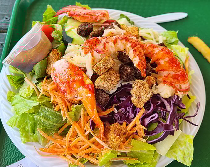 Ocean's bounty transformed into a colorful salad – where sweet shrimp meets crisp vegetables in a harmony that would make Neptune himself applaud.