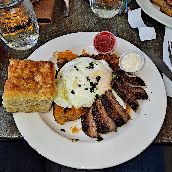 When breakfast meets dinner and they fall madly in love. That biscuit isn't just a side&mdash;it's the co-star in this morning performance.